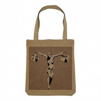 Fabulous Sac Shopping Tote Bag Aspect Lin - Banksy Jesus Christ Croix Sacs de Shopping Street Art - Sac de Courses Toile Epaisse 360g Beige Naturel Cabas Port&eacute;