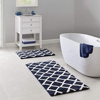 Madison Park Bittman Reversible High Pile Tufted Microfiber Bath Mat Bathroom Rugs, 21x34, Navy