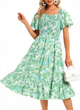 Bbonlinedress Sommerkleid Damen Blumendruck Freizeitkleider Casual Floral Boho midilang Strandkleid elegant leicht Blumenkleid Green Blue Flower 3XL