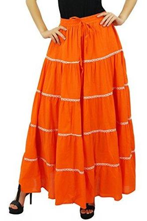Bimba Jupe longue en coton pour femme Boho Maxi Bottoms taille élastique vêtements indiens, Orange, 42