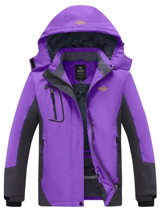 Wantdo Damen Berg Ski Jacke W&auml;rmer Winter Fleece M&auml;ntel Wasserdichter Atmungsaktive RegenM&auml;ntel Outdoor Kapuzen Windbreaker Jacken Violett XXL