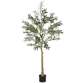 HOMCOM K&uuml;nstlicher Olivenbaum gro&szlig; 150 cm Kunstpflanze, Plastik K&uuml;nstliche Pflanzen Olivenbaum im Topf, Kunstbaum mit Zement, Kunstmoos f&uuml;r Wohnzimmer, Schla