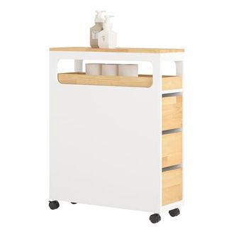 SoBuy Meuble Salle de Bain &agrave; roulettes, Meuble de Rangement avec 3 Tiroirs, Petit Meuble WC en Bois, pour Salle de Bain et Toilette, Blanc+Naturel, 65x23x82
