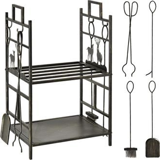 OUTSUNNY Kaminholzst&auml;nder mit Kaminbesteck, Brennholzregal Feuerholzablage Kaminwerkzeug Eisen Schwarz+Gold 51,5x33x77 cm