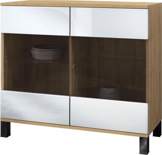 Vladon Kommode Bari V3, Moderner K&uuml;chenschrank mit 2 gro&szlig;en Glast&uuml;ren Eiche Evoke/Wei&szlig; Hochglanz (92,5 x 84.5 x 35)