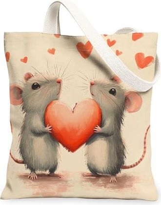 Generic Sac fourre-tout en toile avec motif rat et souris pour le shopping 33 x 38 cm, sac d&eacute;picerie r&eacute;utilisable pour la Saint-Valentin, motif animal de voya