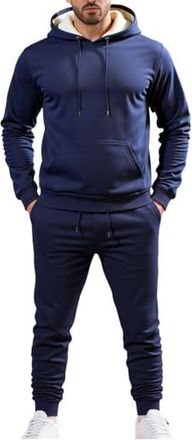 Generic Ensemble de jogging à capuche en polaire pour homme - Doublure chaude - Confortable et décontracté - Pour activités de plein air, bleu marine, XXL