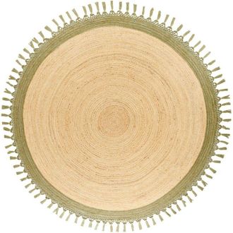 Beliani Teppich Beige und Gr&uuml;n Jute Rund &oslash; 200 cm mit Fransen Boho Rustikal Spiralform Geflochten Handgefertigt Nat&uuml;rlich Schlafzimmer Wohnzimmer
