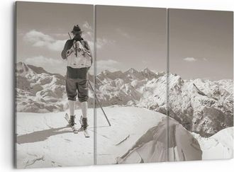 Arttor Mehrteilige Bilder auf Leinwand Skifahrer Bayern Sepia Leinwandbild 105x70cm Wandbilder Dekoration Wohnzimmer Schlafzimmer Set 3 teilige Groß Wanddeko