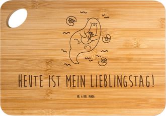 Mr. & Mrs. Panda Bambus - Schneidebrett Otter Seerose - Geschenk, Schneidebrett Holz, Otter Seeotter See Otter, Seeotter, Holz Bretter, Holzbretter