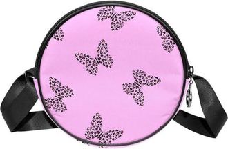 Generic Sac &agrave; bandouli&egrave;re rond pour femme, motif l&eacute;opard et papillons, petit sac &agrave; bandouli&egrave;re avec fermeture &eacute;clair, bretelles r&eacute;glables, sac &agrave; main rond d&eacute;c