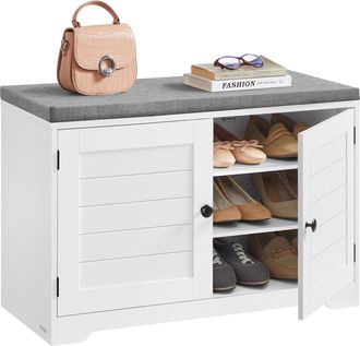 Vasagle Schuhbank, 3 Ebenen, Sitzbank mit Stauraum, Türen und Sitzkissen, Schuhregal mit höhenverstellbaren Ablagen, 35,5 x 81 x 52,5 cm, für Flur Schlafzimme