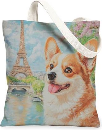 Generic Spring Corgi Sac fourre-tout en toile pour faire du shopping 33 x 38,1 cm, sac d&eacute;picerie r&eacute;utilisable pour femme, animal de compagnie, peinture de voy