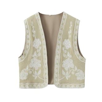 Generic Gilet sans Manche Femme Gilet Femme D&eacute;contract&eacute; Quotidien Ville Courte Brod&eacute;e Style Fran&ccedil;ais - Cardigan Versatile pour Occasions D&eacute;contract&eacute;es