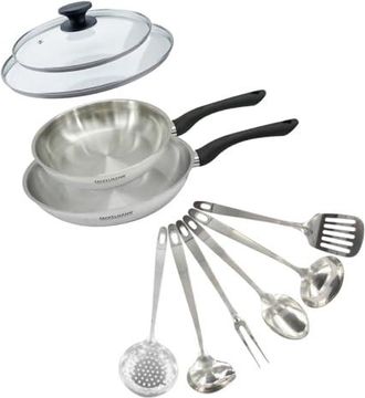 Fackelmann Fackelmann 9445850 Set mit 2 Pfannen 24 und 28 cm aus Edelstahl 18/8, 2 Glasdeckel und 6 Edelstahlutensilien, Pfanne für alle Herdarten, Induktion, Pf