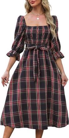 Cupshe Robe longue pour femme - Col carr&eacute; - Smock&eacute; - Ceinture - Manches trompettes 3/4 - Coupe trap&egrave;ze, bleu marine, Taille M