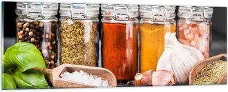 Arttor Panorama Bilder auf Glas Gew&uuml;rze Knoblauch Holz Salz Glasbild 90x30cm Wandbilder Dekoration Wohnzimmer Schlafzimmer K&uuml;che Klein Wanddeko Bild im Glas 
