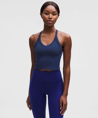 lululemon Get Low Trainings-Tanktop mit &uuml;berkreuzten Tr&auml;gern Leichter Halt f&uuml;r B/C-Cups f&uuml;r Frauen - Gr&ouml;&szlig;e XL in Deep Sea Blue/True Navy
