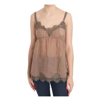 Pink Memories Braune Spitze Tiefe Top Bluse - - Tops - Damen - Braun - M