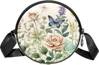 Generic Sac &agrave; bandouli&egrave;re rond pour femme, motif floral et jolis papillons, petit sac &agrave; bandouli&egrave;re avec fermeture &eacute;clair, bretelles r&eacute;glables, sac &agrave; main ron