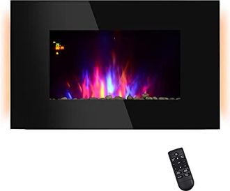 HOMCOM Cheminée électrique Murale LED 7 Effets Flammes + 7 Couleurs Ambiance + Galets télécommande Thermostat 1000-2000 W minuterie Noir