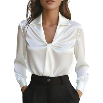 Generic Chemise en satin pour femme &eacute;l&eacute;gante &agrave; manches bouffantes et col fronc&eacute; sur le devant - Haut habill&eacute; d&eacute;contract&eacute; pour le travail, le bureau, le travai