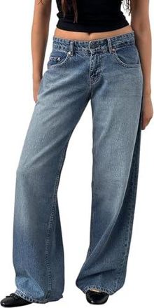 Generic Y2K - Jean ample taille basse pour femme, pantalon décontracté en denim coupe ample, streetwear, jambe droite et large, pantalon boyfriend ample avec 