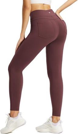 Baleaf Legging Thermique doublé en Polaire pour Femme - Taille Haute - avec Poches - Pantalon dentraînement dhiver, Rouge Vigne, XXL