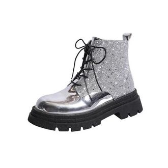 Generic Bottes &agrave; lacets pour femme - En cuir verni - &Agrave; paillettes - Bout rond - Talon bas - Confortable et &eacute;tincelant - Pour f&ecirc;te, Argent&eacute;., 36.5 EU