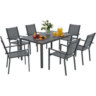 OUTSUNNY Table de jardin ext&eacute;rieure avec 6 chaises empilables - Outsunny - plateau &agrave; lattes 150 cm - structure en acier anti-rouille - gris