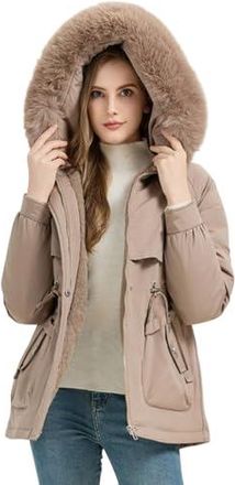 Minetom Manteau Femme Hiver Polaire Chaud Veste Parka Manteau &agrave; Capuche Manches Longues Zipp&eacute; Peluche Doubl&eacute; Blouson avec Poches A Kaki S