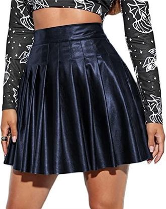 ORANDESIGNE Jupe Courte Simili Cuir Femme Sexy Chic PU Élégante Mini Jupe Évasée Plissée Couleur Unie A Line Club Party Fête Clubwear Skirt Décontracté Élégant Ét