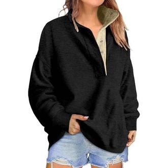 Generic Sweat-shirt d&eacute;contract&eacute; &agrave; boutons pour femme, pull surdimensionn&eacute; &agrave; manches longues, coupe ample, haut dautomne doux, Noir, 3XL