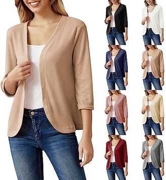 Generic Cardigan &agrave; manches 3/4 pour femme, cardigan bol&eacute;ro pour femme, couleur pure, col en V, v&ecirc;tements dext&eacute;rieur confortables et doux, veste d&eacute;contract&eacute;e l