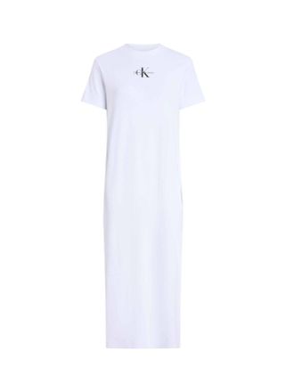 Calvin Klein Damen T-Shirt Kleid Monologo Long Rib Tee mit Rundhalsausschnitt, Wei&szlig; (Brilliant White), M