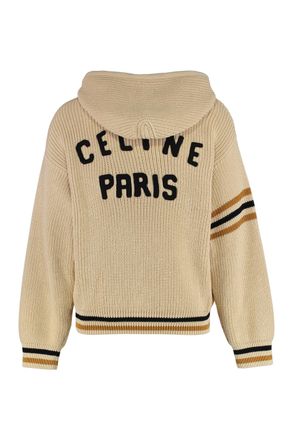 Celine Mens Hooded Zip Sweatshirt Beige Cotton Knitwear Sweater