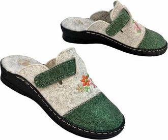 Generico Patrizia Azzi 10232 Pantoufles dhiver en laine cuite, semelle ultra légère, antidérapantes, broderies florales, fabriquées en Italie, Vert écru, 39 EU
