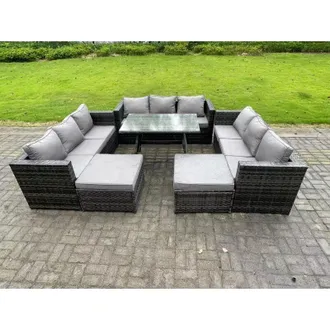 Fimous 11-Sitzer Polyrattan Gartenm&ouml;bel Set im Balkon Lounge Sofa Garten Esstisch Set mit 2 hohen Hockern Dunkelgrau Gemischt - Fimous