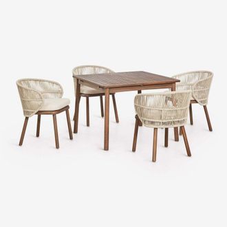 Sklum Ausziehbarer Esstisch Set 100-160x100 cm Karvia und 4 Gartenst&uuml;hle aus Akazienholz und geflochtener Capri-Schnur Creme-Beige