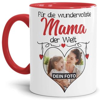 Tassendruck Tasse mit Spruch - Wundervollste Mama der Welt - personalisiert mit Wunschfoto - Geschenkidee f&uuml;r die beste Mama - Innen & Henkel Rot, 300 ml