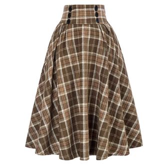 Minetom Damen Midi Faltenrock Kariert Hohe Taille A-Linie Lang Rock Plaid Midi Rock Vintage Swing Rock Rockabilly Skirt A Gelb XXL