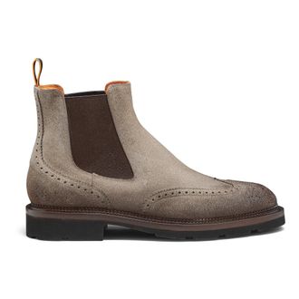 Santoni Botte Chelsea en Daim Brogue - Homme - Chaussures - Beige - Taille: 41 1/2 EU