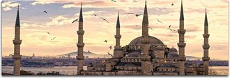 Paul Sinus Art Panoramabild auf Leinwand und Keilrahmen 150x50cm Istanbul Moschee Sonnenuntergang Vögel