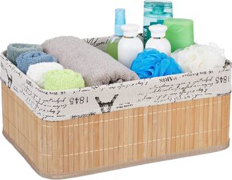 Relaxdays 2 x Aufbewahrungskorb, Stoffbezug mit Retro-Print, Bambus, rechteckig, Badezimmer Regalkorb HBT 16,5x38x28,5 cm, Natur