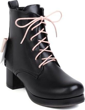 Generic Noir,36 EU,Bottines à Lacets pour Femmes, Bout Rond, Plateforme, Talons Hauts épais avec noeud, Bottines à Talons Lolita Tendance