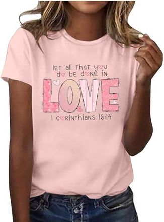 Generic T-shirt d&eacute;contract&eacute; &agrave; manches courtes et col rond imprim&eacute; coeur pour femme 2026 Saint-Valentin (2), rose, 3XL