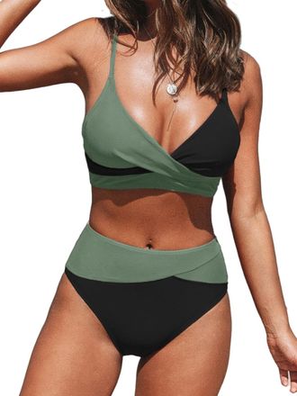 Cupshe Damen Bikini Set Crossover V Ausschnitt High Waist Tank Bikini Bademode Farbblock Elegant Zweiteiliger Badeanzug Swimsuit Schwarz/Gr&uuml;n XXL