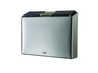 Joseph Joseph Folio 4-tlg. farbcodiertes Schneidebrett-Set, Slimline-Koffer für die organisierte Aufbewahrung in der Küche, groß, Edelstahl Kunststoff, Grau