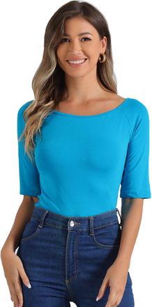 Allegra K Damen Halbarm Shirt Bluse Rundhals Slim Fit T-Shirt Einfarbig Basic Oberteil Eisblau XL