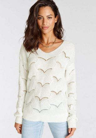 Laura Scott Strickpullover softer &Uuml;bergangsstrick mit V-neck und trendy Ajourmuster